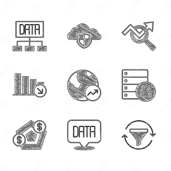 Set Financial Growth, Data Analysis, Sales Funnel with Chart, Server Security Padlock, Decrease ...