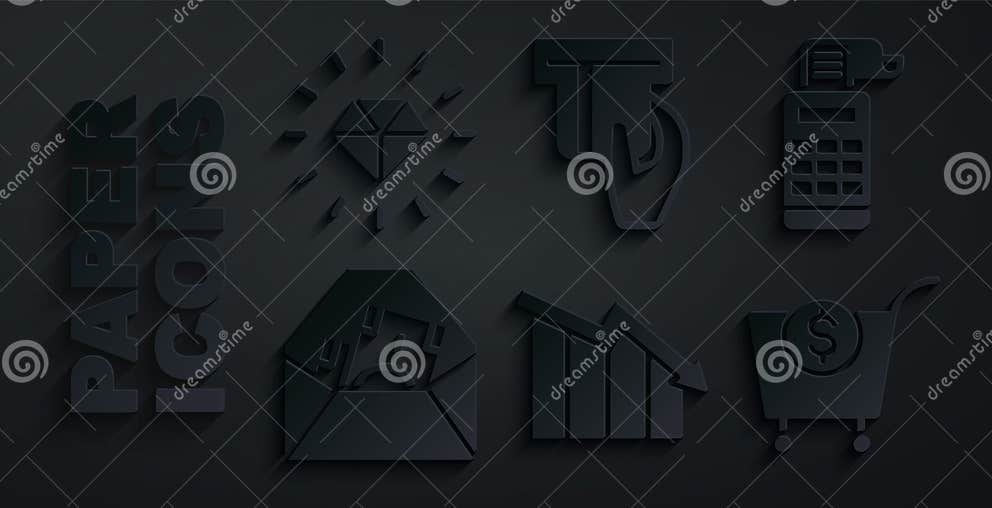 Set Financial Growth Decrease, Cash Register Machine, Envelope with Dollar Symbol, Shopping Cart ...