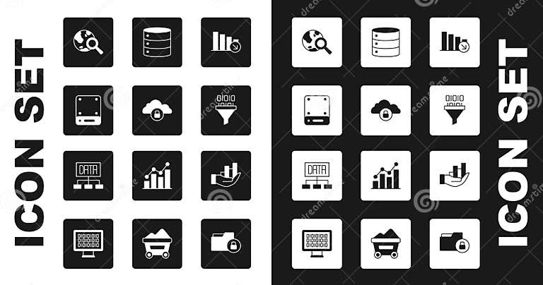 Set Financial Growth Decrease, Cloud Computing Lock, Server, Search Globe, Binary Code, Pie ...