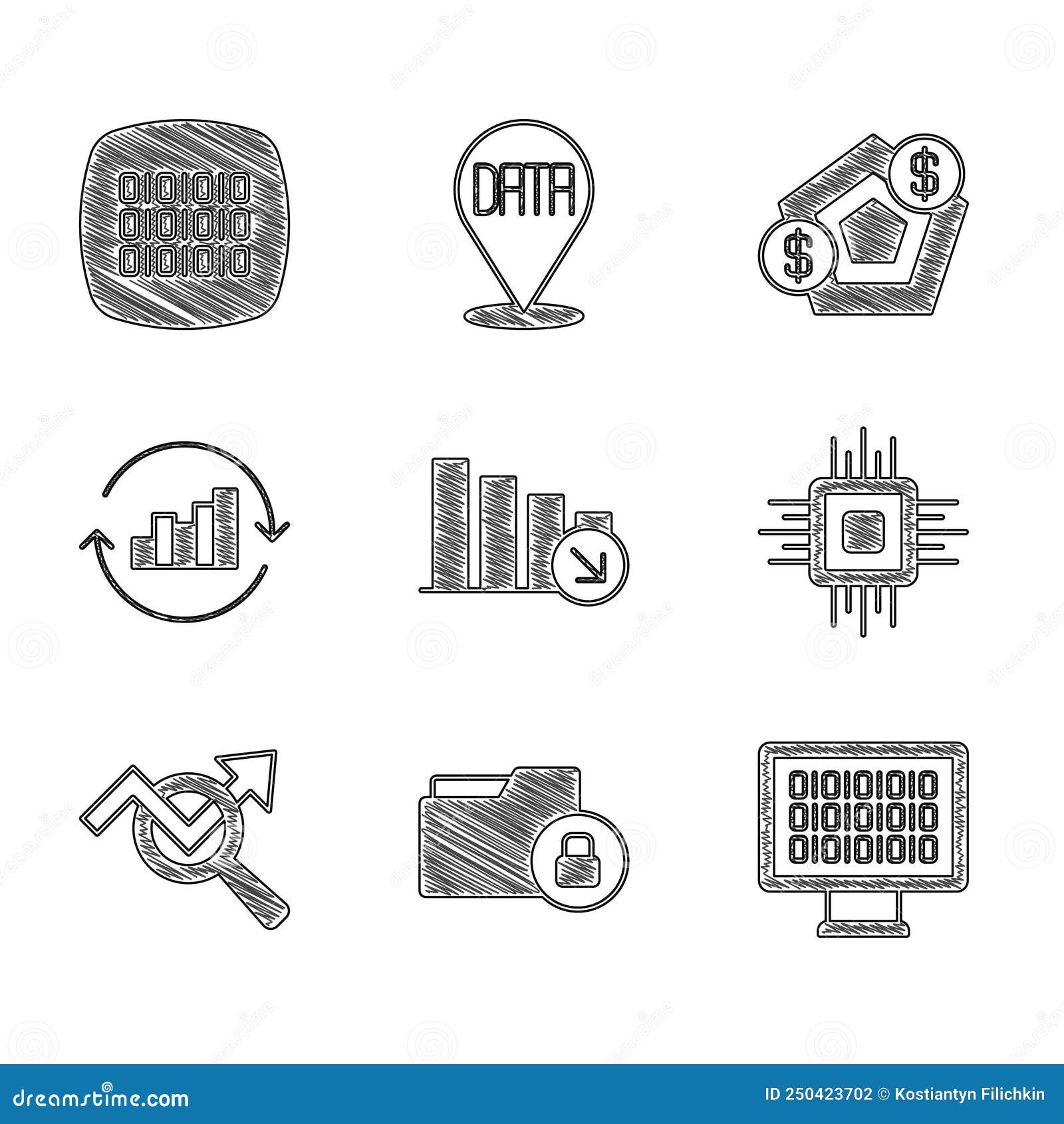 Set Financial Growth Decrease, Folder and Lock, Binary Code, Processor ... Set Financial Growth Decrease, Folder and Lock, Binary Code, Processor ...