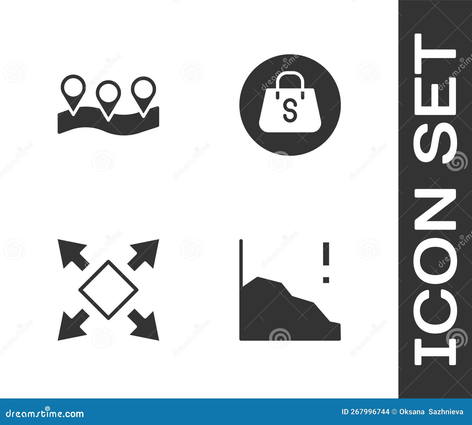 Set Financial Growth Decrease, Location, Many Ways Directional Arrow and Shopping Bag with Sale ...