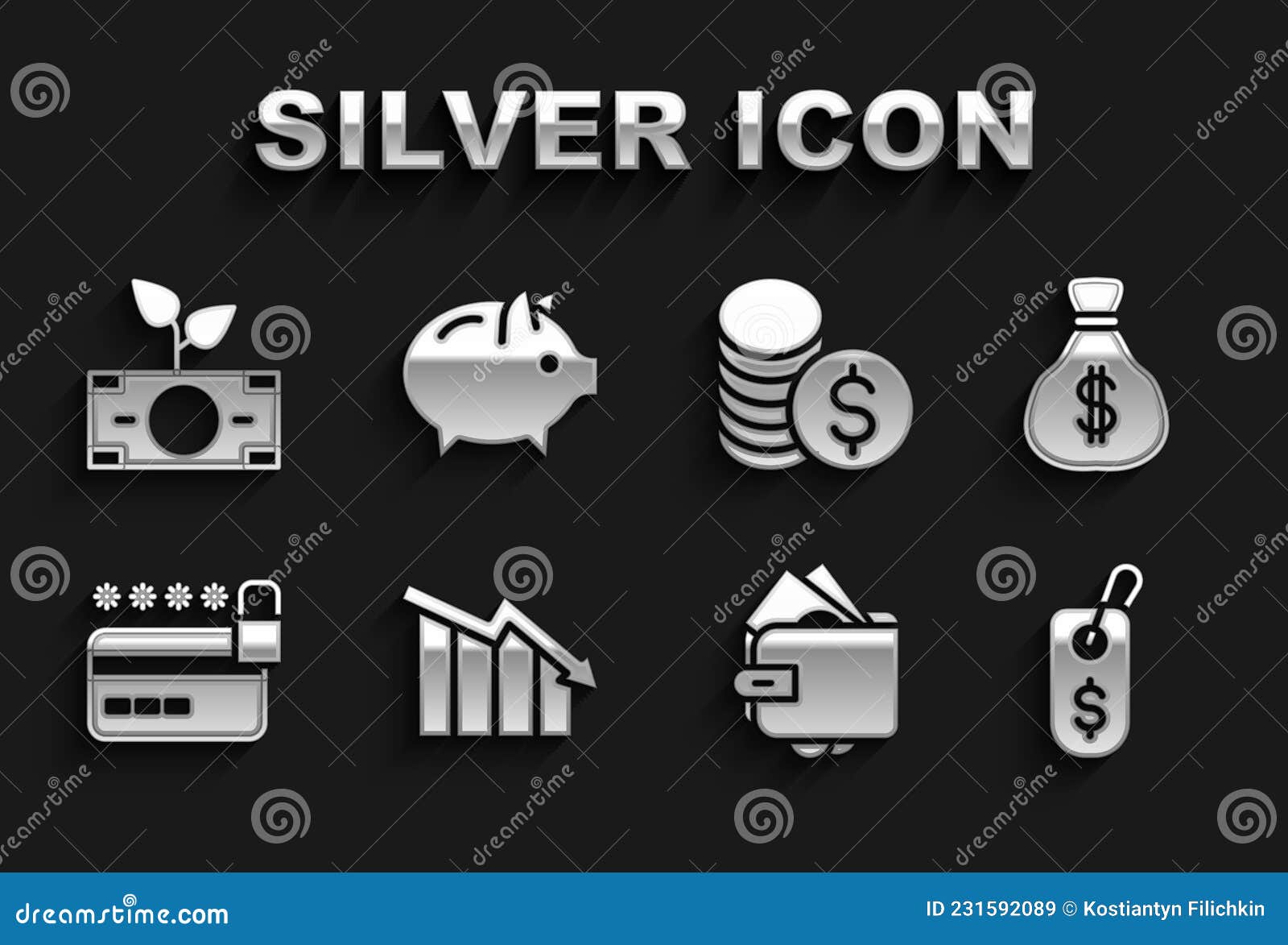 Set Financial Growth Decrease, Money Bag, Price Tag with Dollar, Wallet Money, Credit Card Lock ...