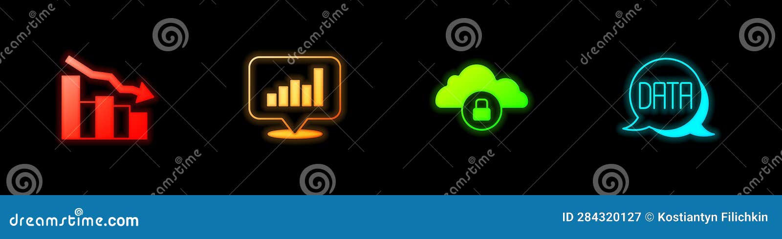 Set Financial Growth Decrease, Pie Chart Infographic, Cloud Computing Lock and Data Analysis ...