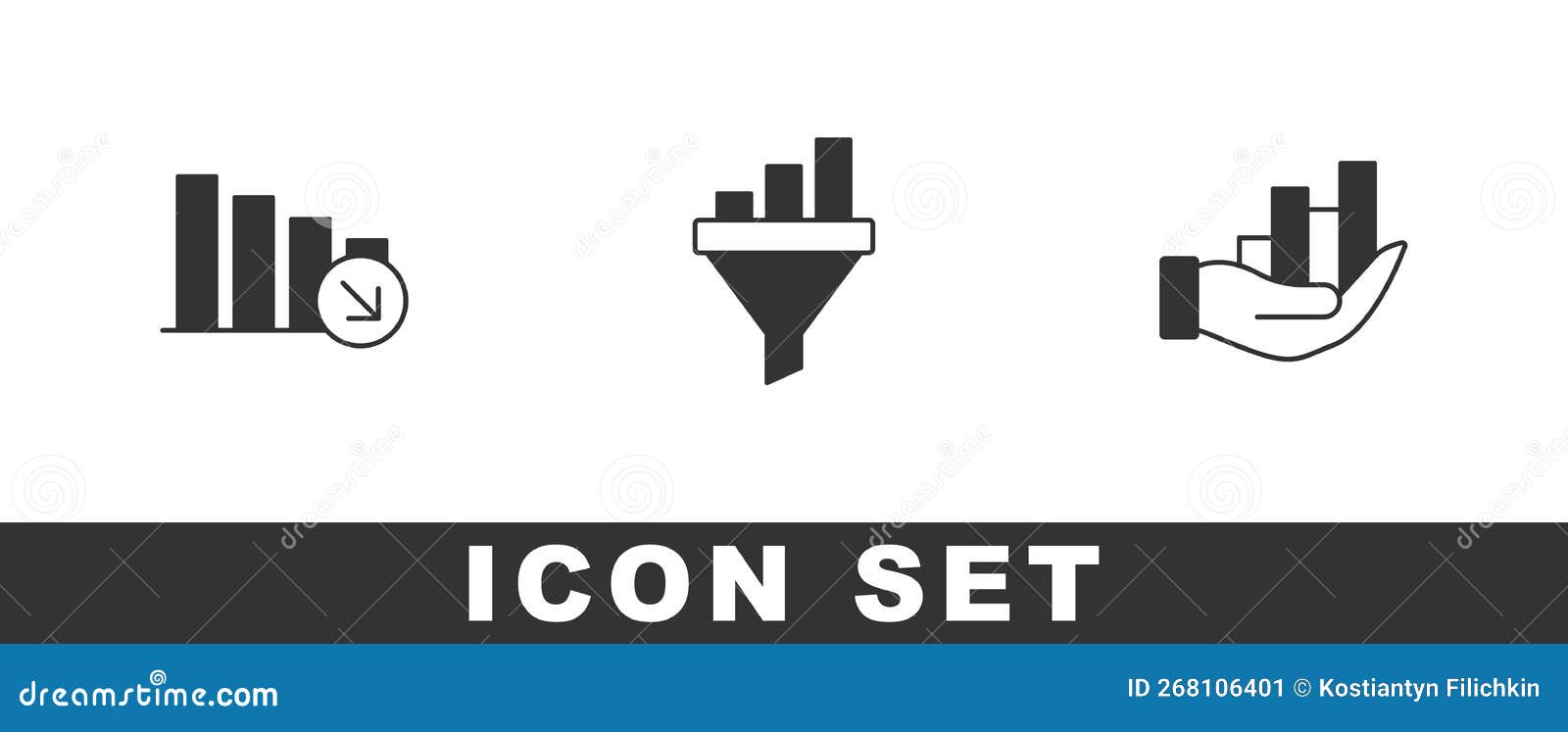 Set Financial Growth Decrease, Sales Funnel with Chart and Pie Infographic Icon. Vector Stock ...