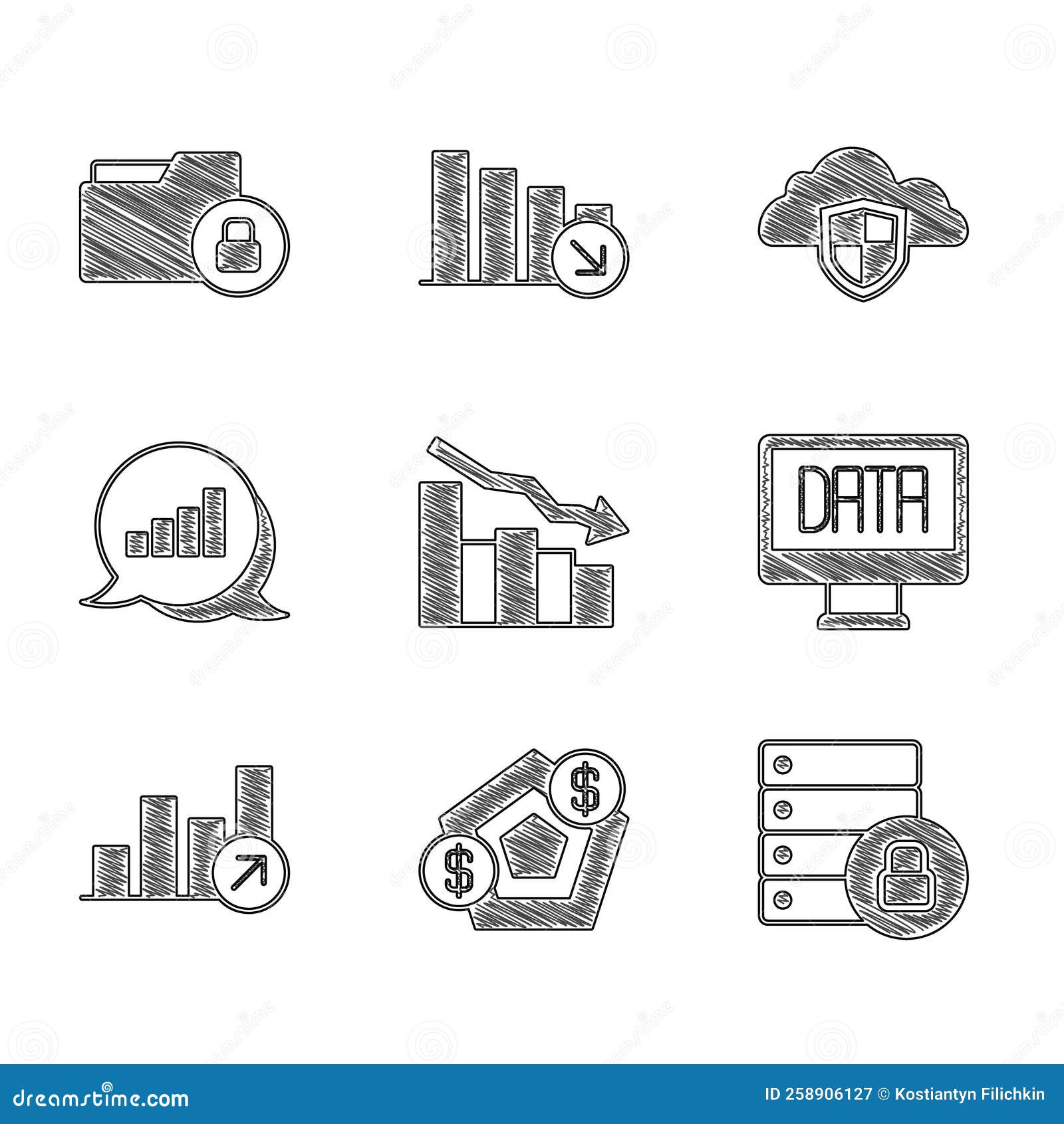 Set Financial Growth Decrease, Server Security with Padlock, Data Analysis, Pie Chart ...