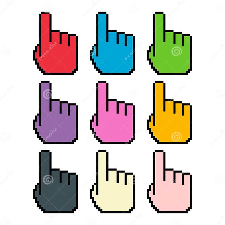 Set of Finger Pixel Icon, Web Cursor Click Mouse Symbol, Computer ...