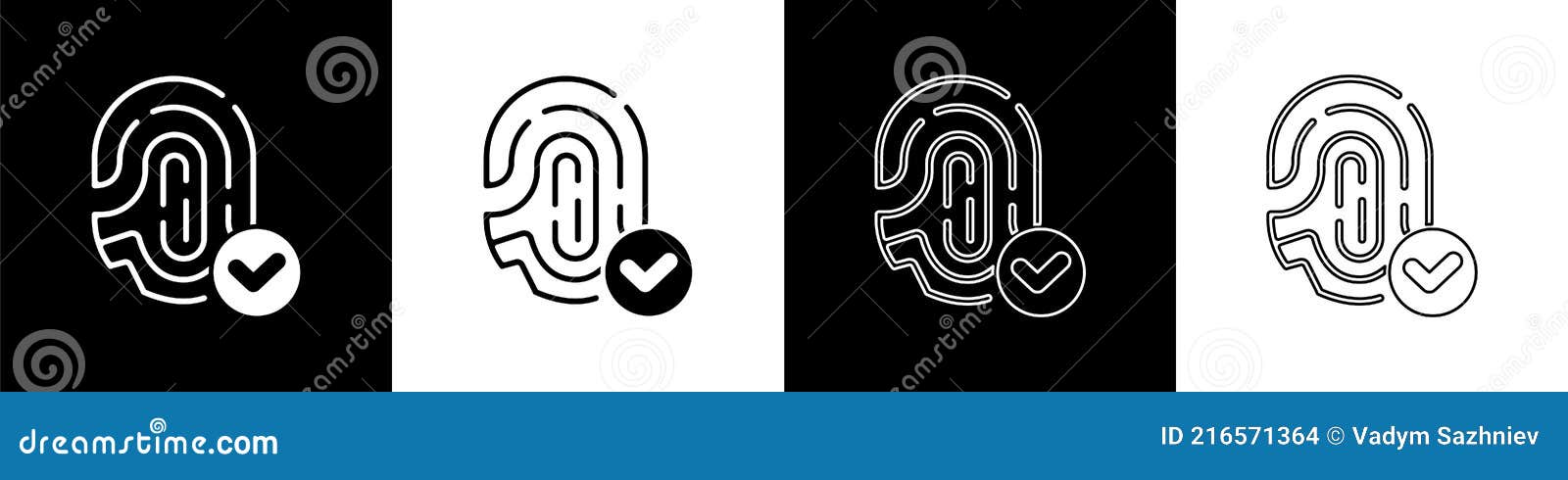 Set Fingerprint with Check Mark Icon Isolated on Black and White ...