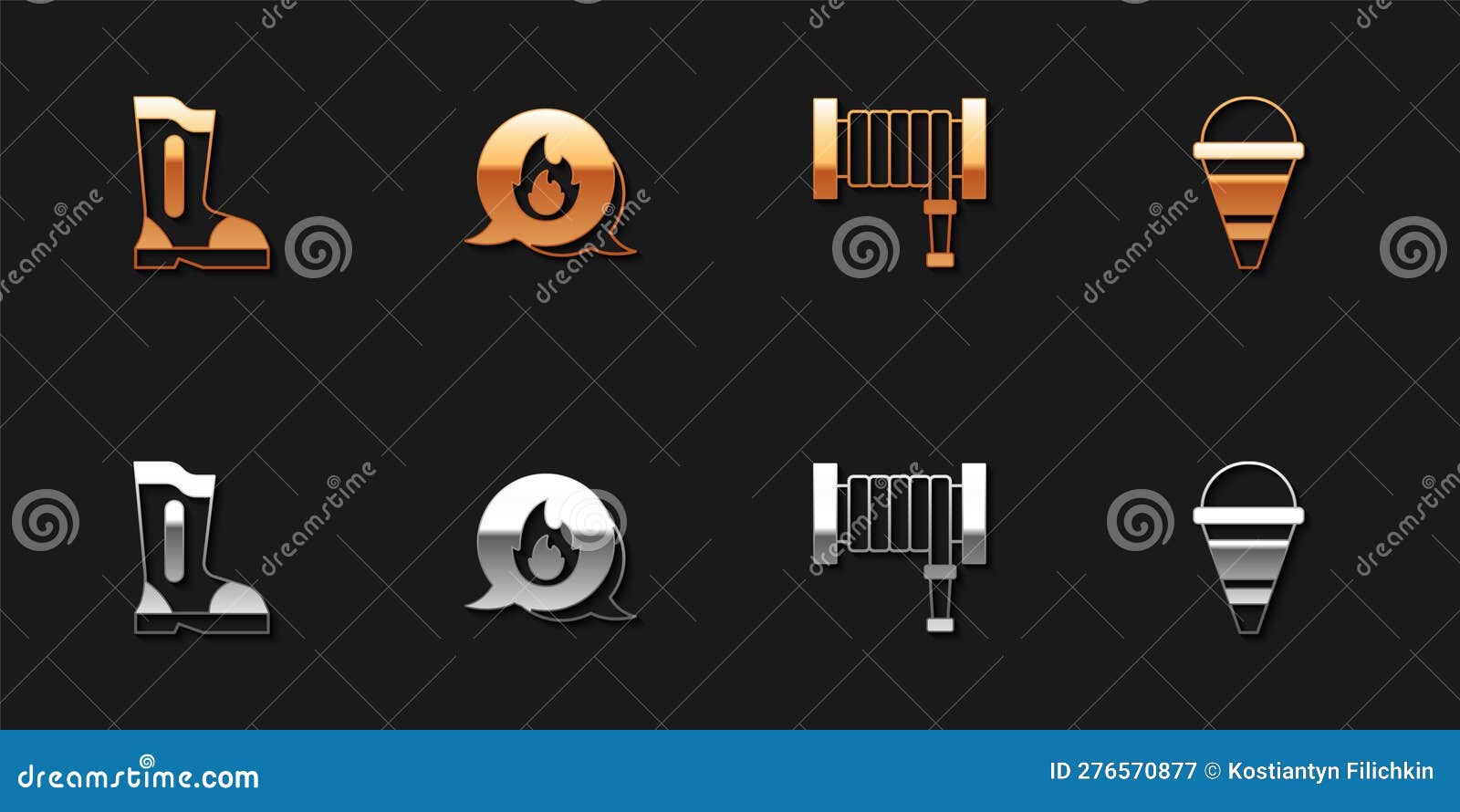 Set Fire Boots, Emergency Call, Hose Reel and Cone Bucket Icon. Vector ...