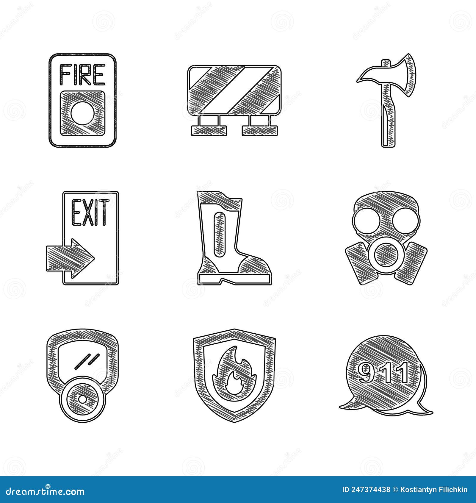 Set Fire Boots, Protection Shield, Emergency Call 911, Gas Mask, Exit ...