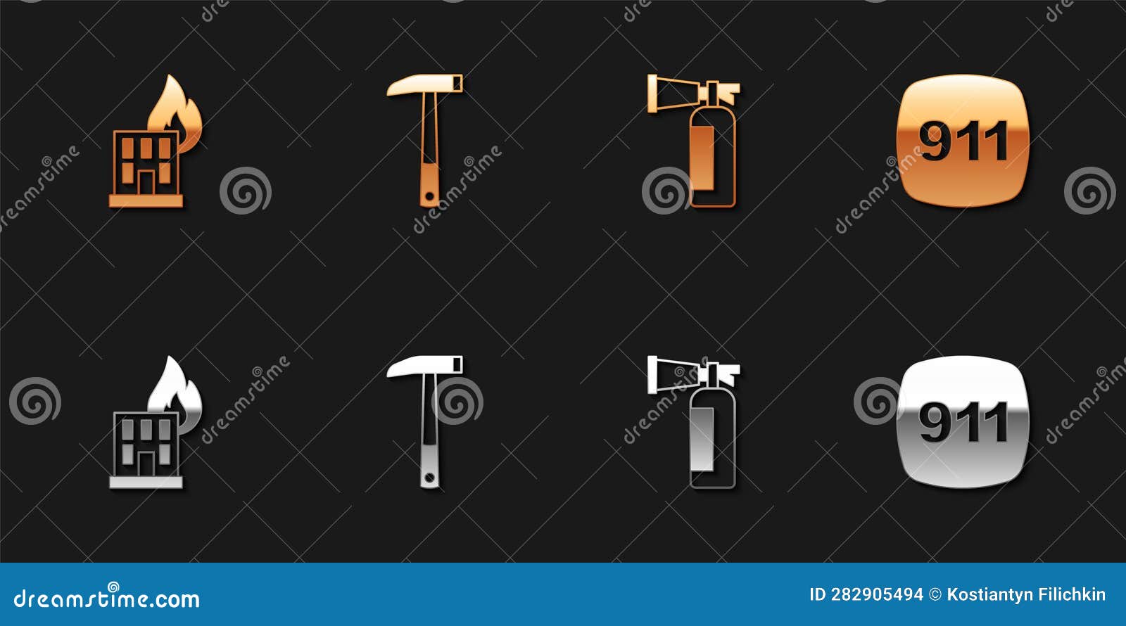 Set Fire in Burning Building, Firefighter Axe, Extinguisher and ...