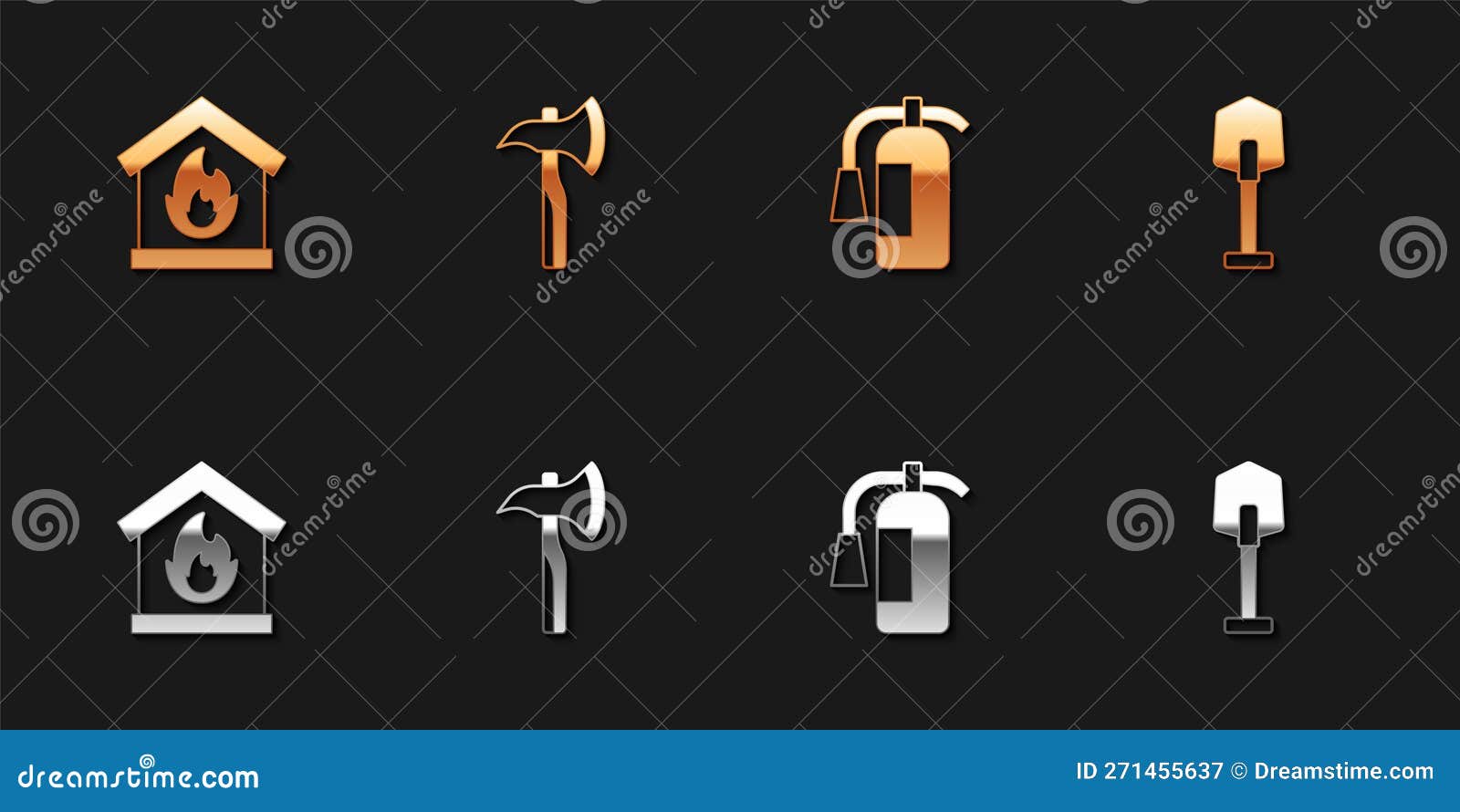 Set Fire in Burning House, Firefighter Axe, Extinguisher and Shovel ...