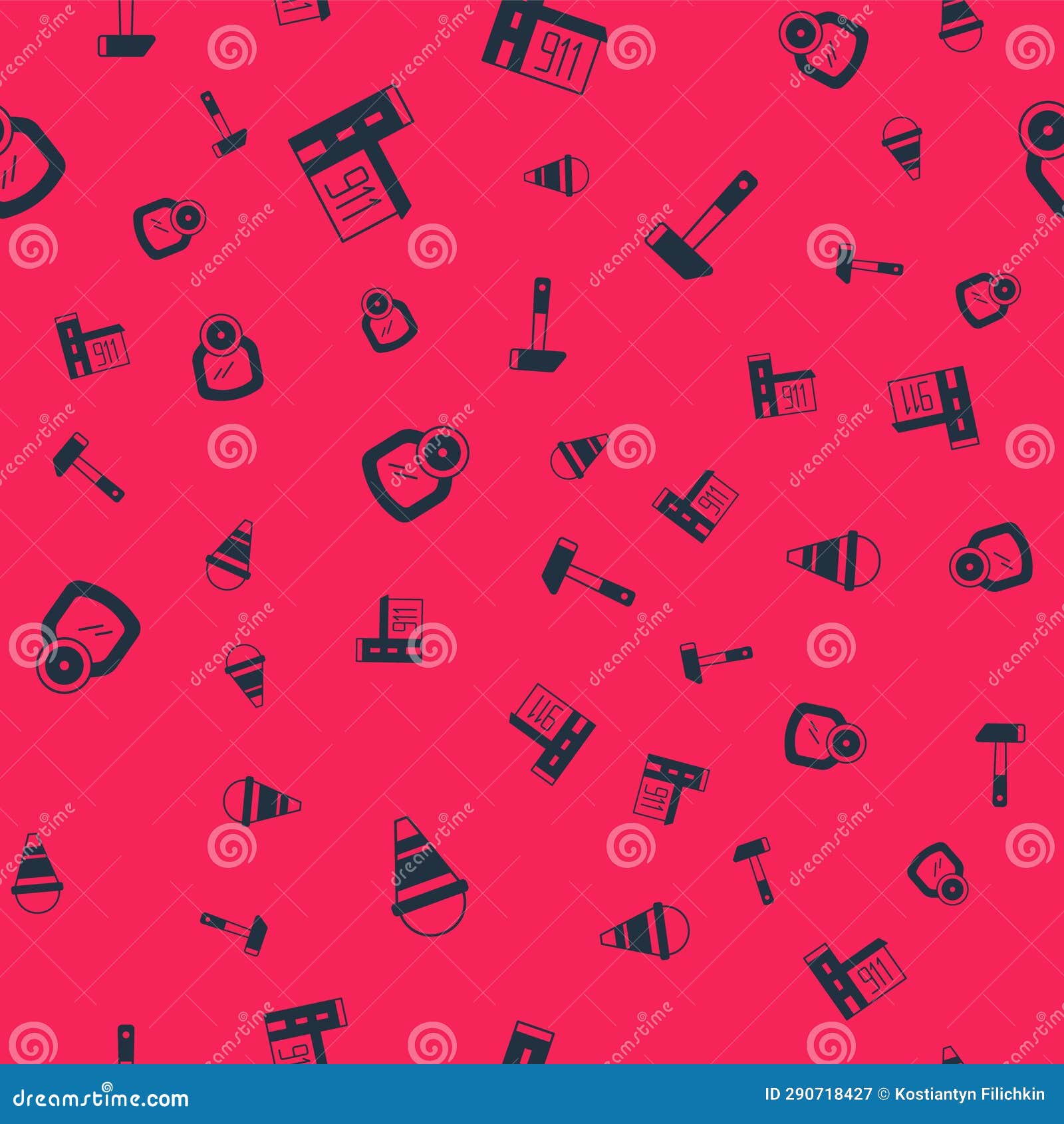 Set Fire Cone Bucket, Building of Fire Station, Gas Mask and Hammer on ...