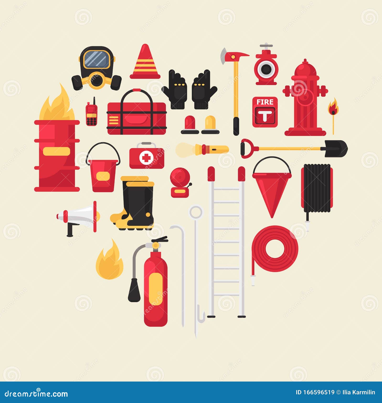 Set of Fire Equipment. Vector Fire Man Tools . Flat Cartoon Fire ...