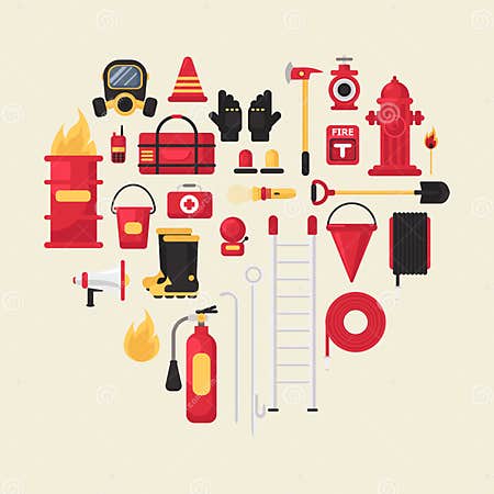 Set of Fire Equipment. Vector Fire Man Tools . Flat Cartoon Fire ...