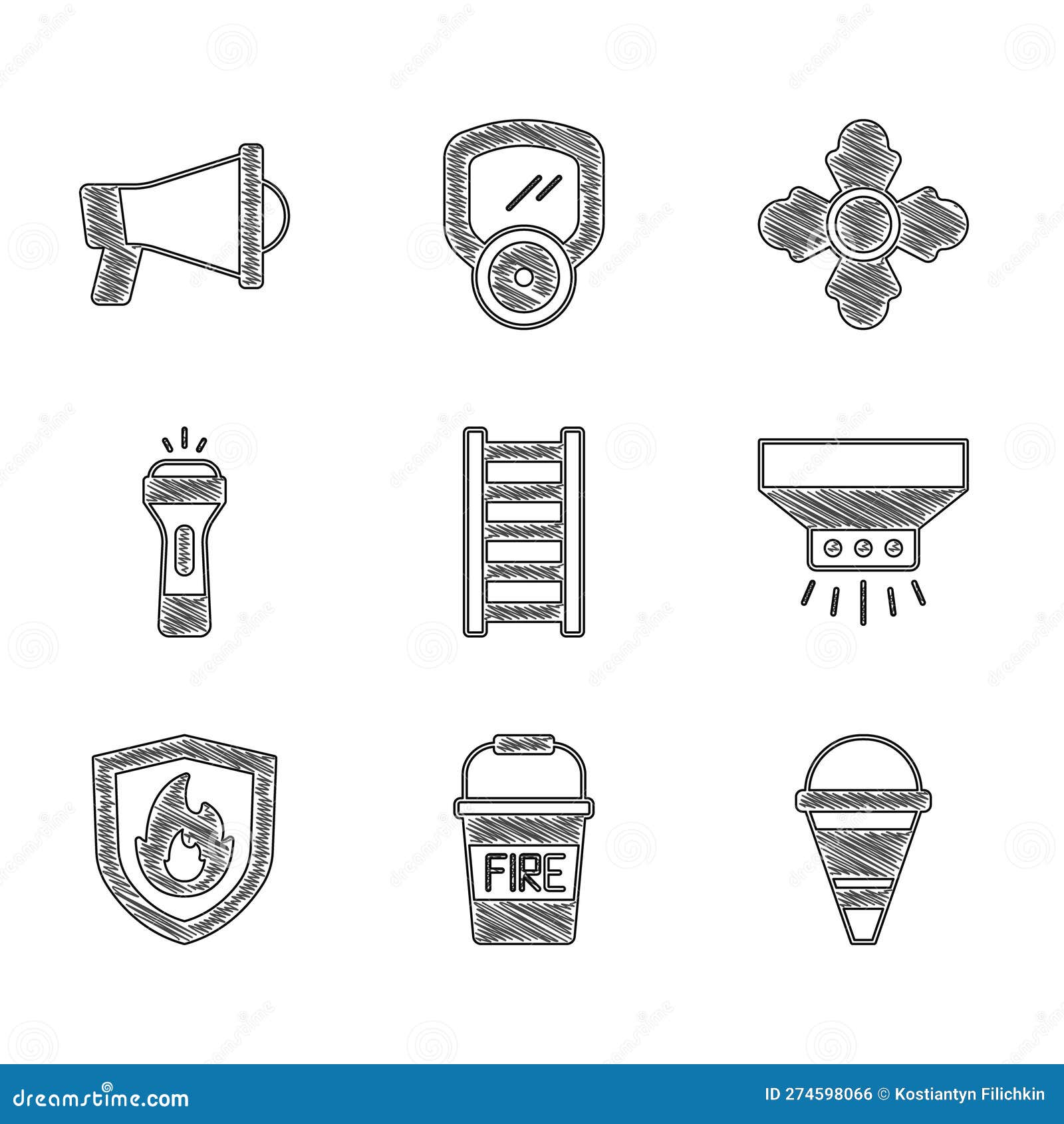 Set Fire Escape, Bucket, Cone, Sprinkler System, Protection Shield ...