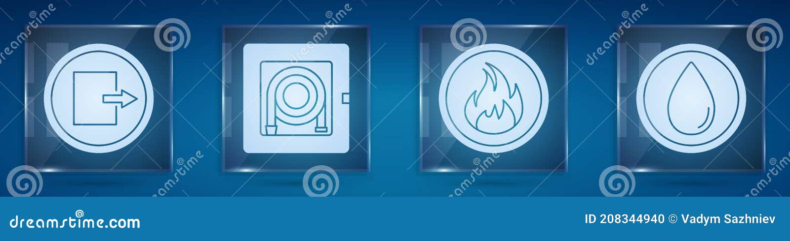 Set Fire Exit, Fire Hose Cabinet, Fire Flame and Water Drop. Square ...