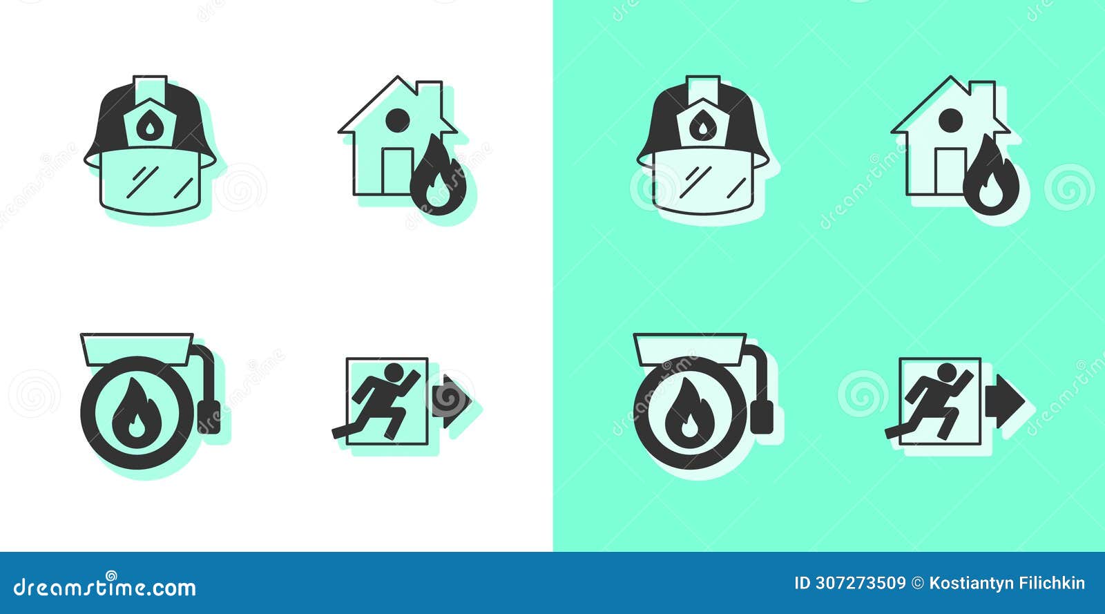 Set Fire Exit, Firefighter Helmet, Ringing Alarm Bell and Burning House ...