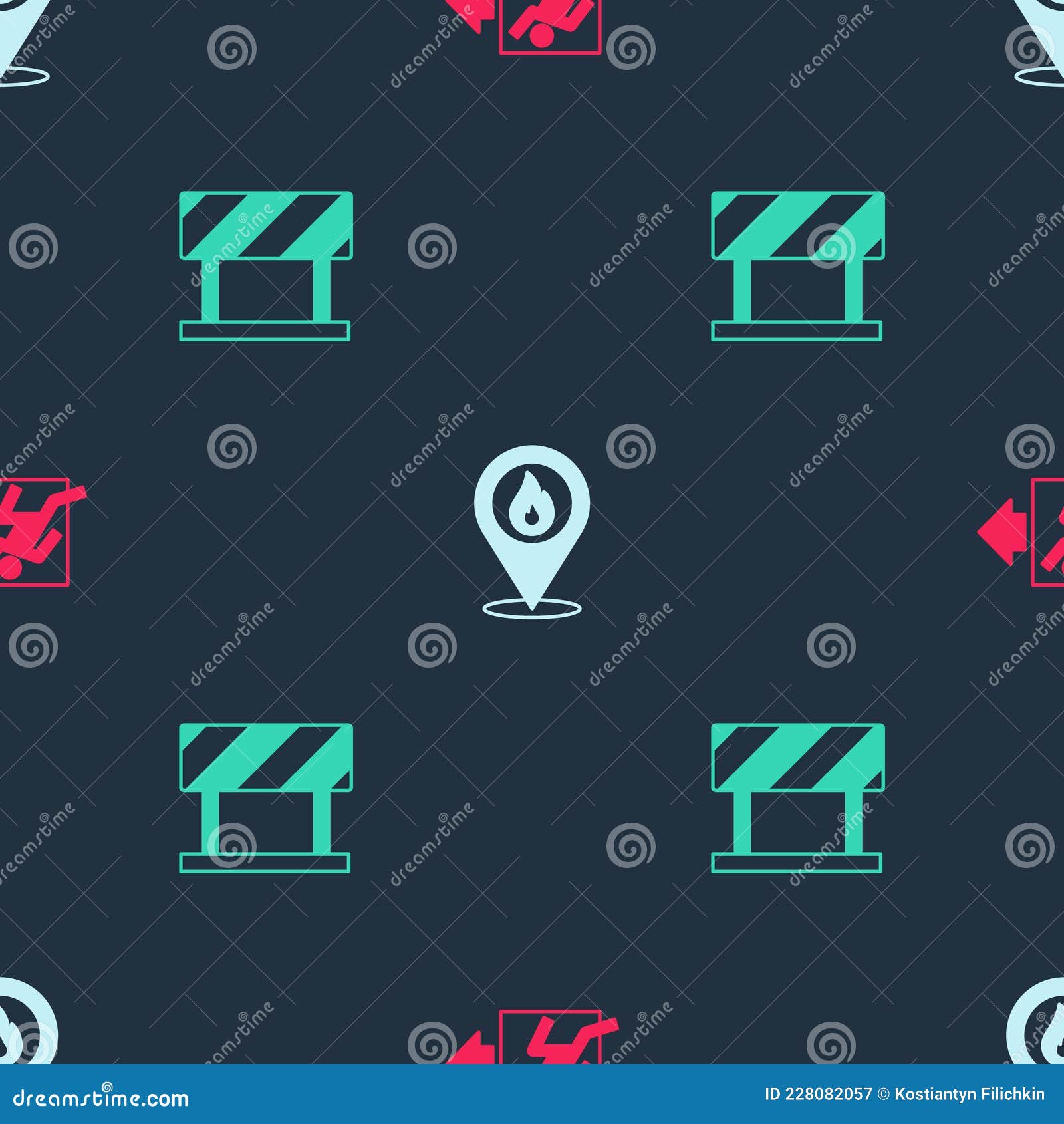 Set Fire Exit, Location with Fire Flame and Road Barrier on Seamless ...