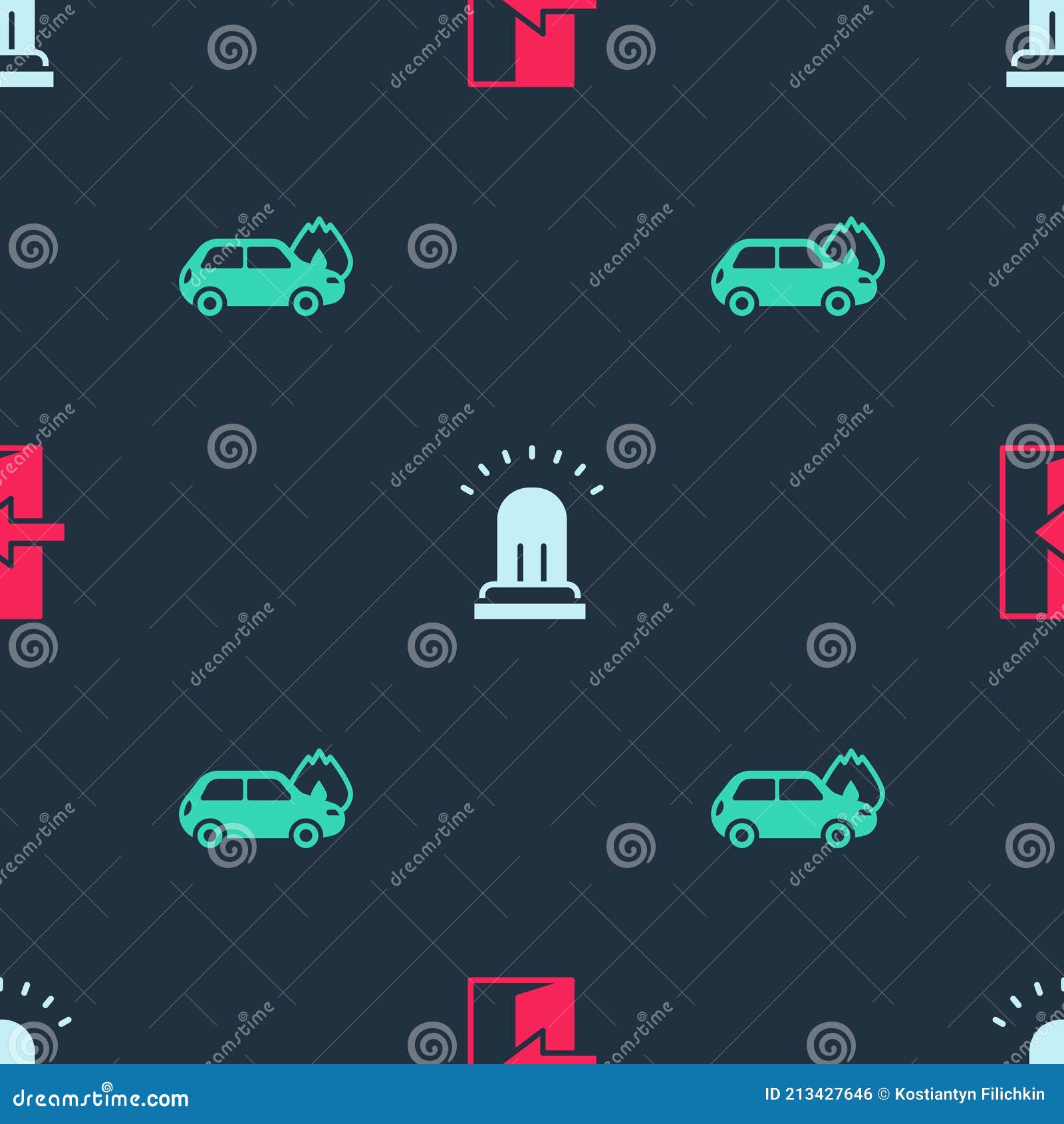 Set Fire Exit, Ringing Alarm Bell and Burning Car on Seamless Pattern ...