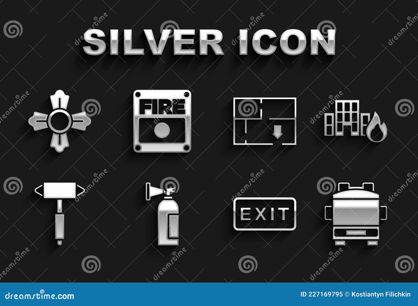 Set Fire Extinguisher, Burning Buildings, Truck, Exit, Firefighter Axe ...