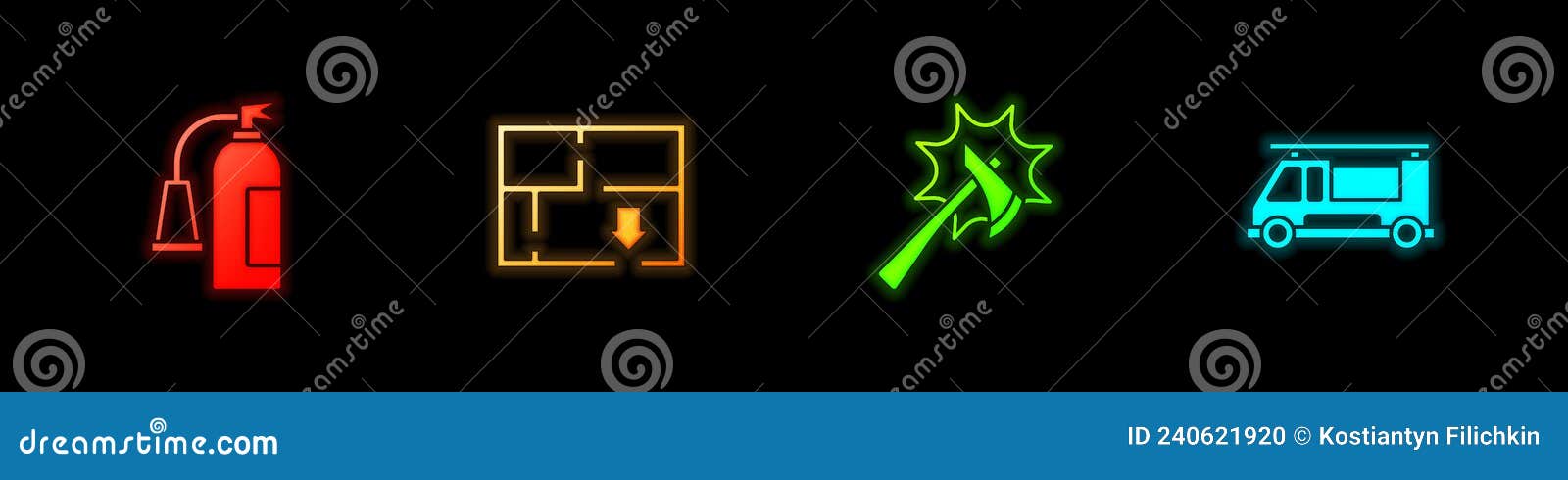 Set Fire Extinguisher, Evacuation Plan, Firefighter Axe and Truck Icon ...