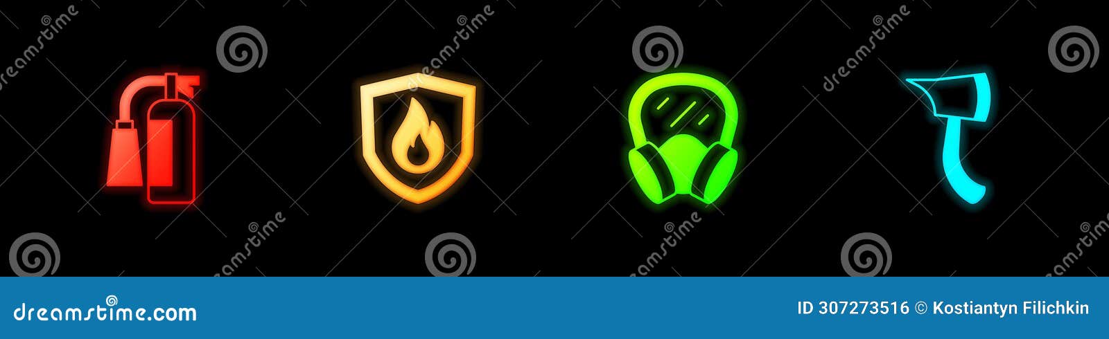 Set Fire Extinguisher, Protection Shield, Gas Mask and Firefighter Axe ...