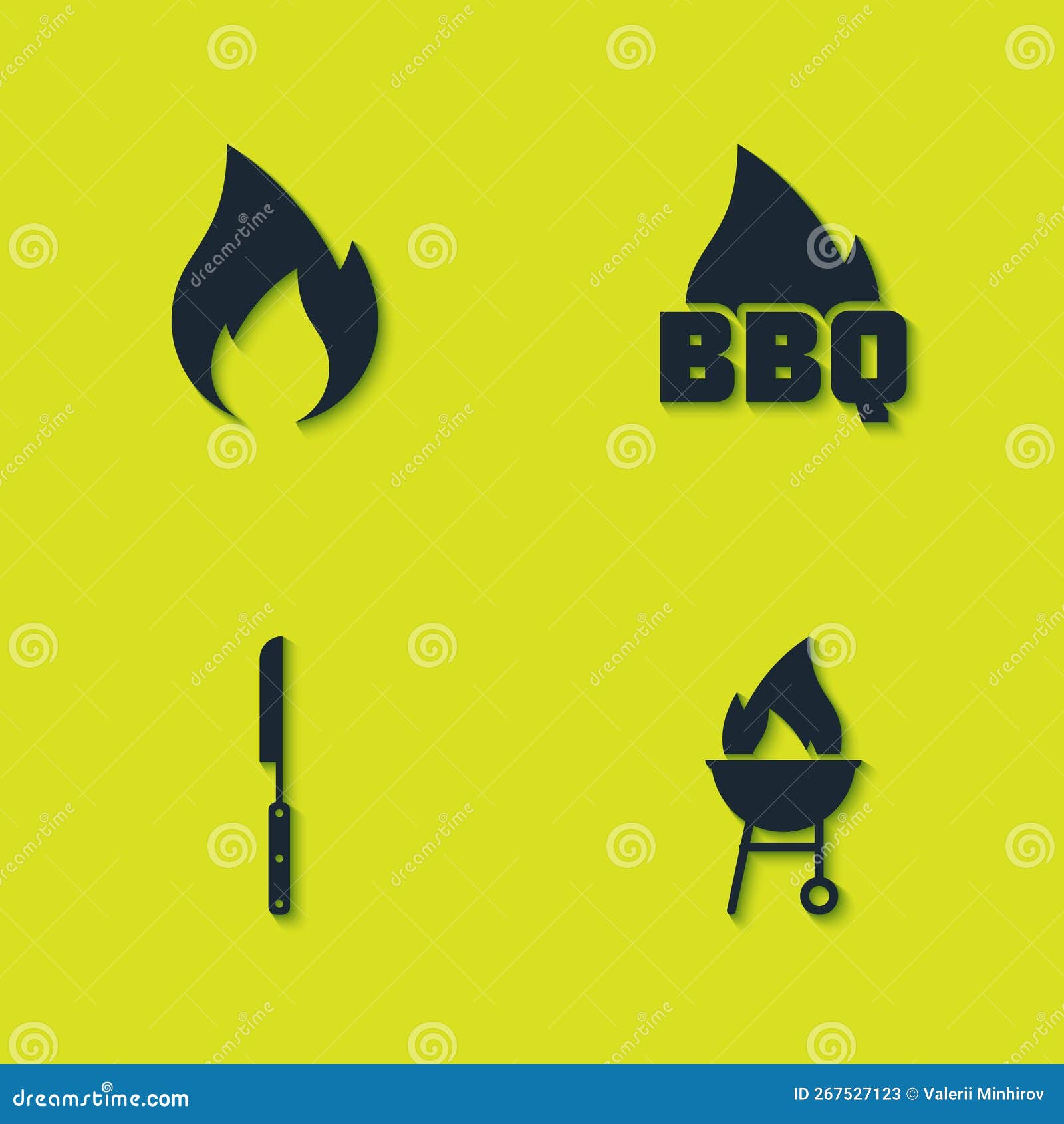 Set Fire Flame, Barbecue Grill, Knife and Fire Icon. Vector Stock ...