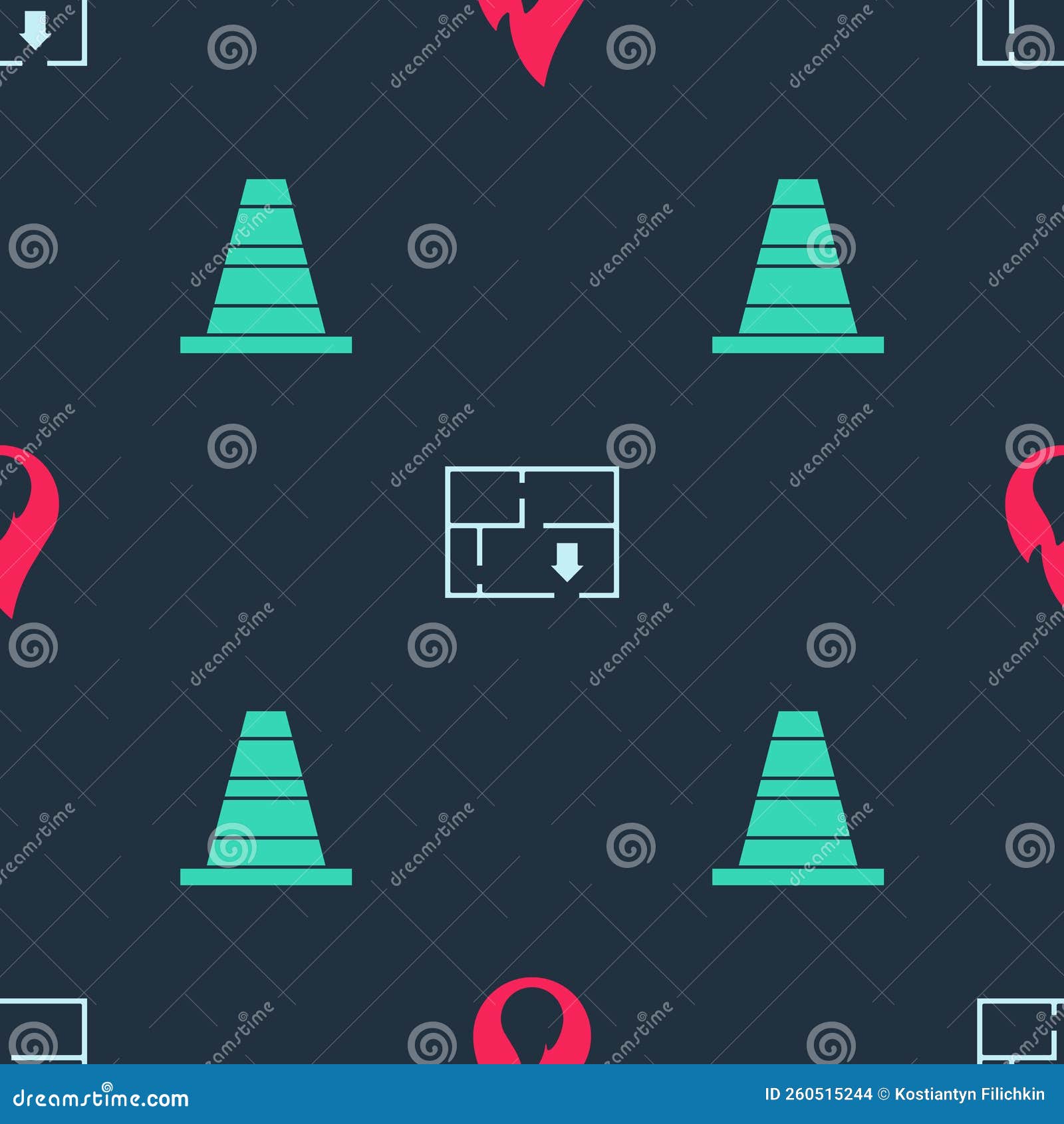 Set Fire Flame, Evacuation Plan and Traffic Cone on Seamless Pattern ...