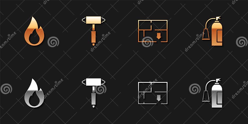 Set Fire Flame, Firefighter Axe, Evacuation Plan and Extinguisher Icon ...