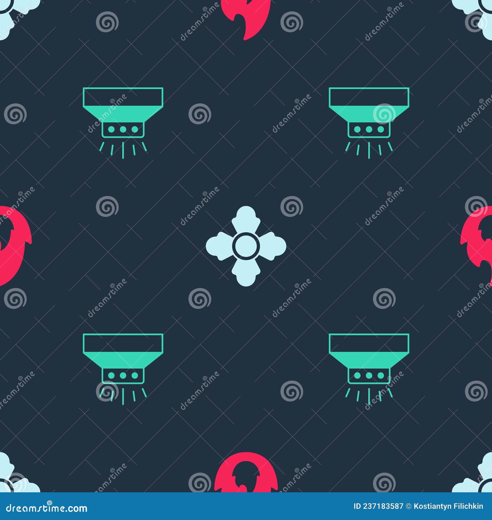 Set Fire Flame, Firefighter and Sprinkler System on Seamless Pattern ...