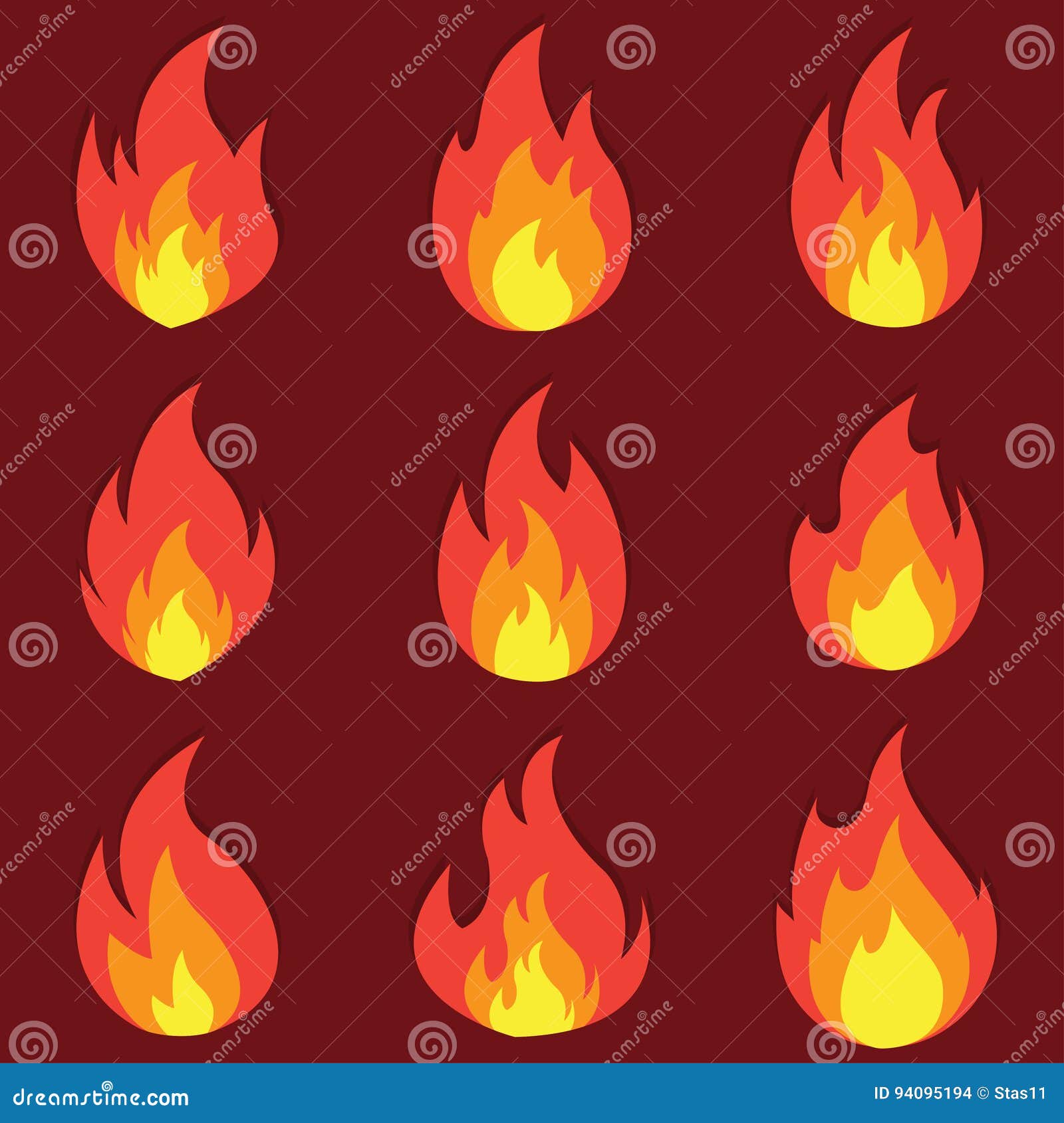 Set of Fire Flame Icon with Shadow. Vector Illustration Stock ...