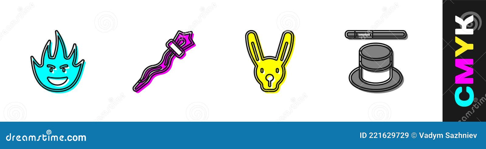 Set Fire Flame, Magic Staff, Rabbit with Ears and Hat and Wand Icon ...
