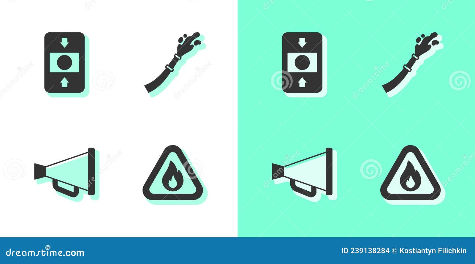Set Fire Flame in Triangle, Alarm System, Megaphone and Hose Reel Icon ...