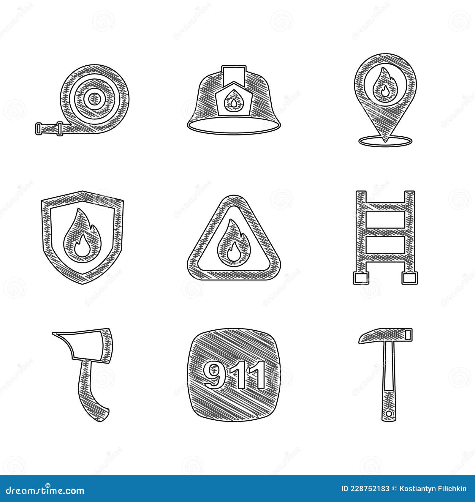 Set Fire Flame in Triangle, Emergency Call 911, Firefighter Axe, Escape ...