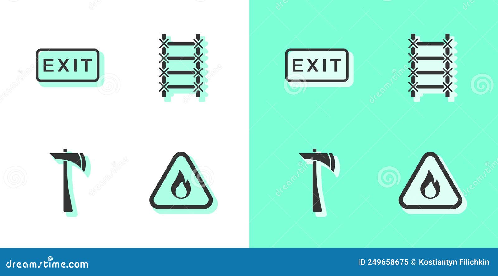 Set Fire Flame in Triangle, Exit, Firefighter Axe and Escape Icon ...