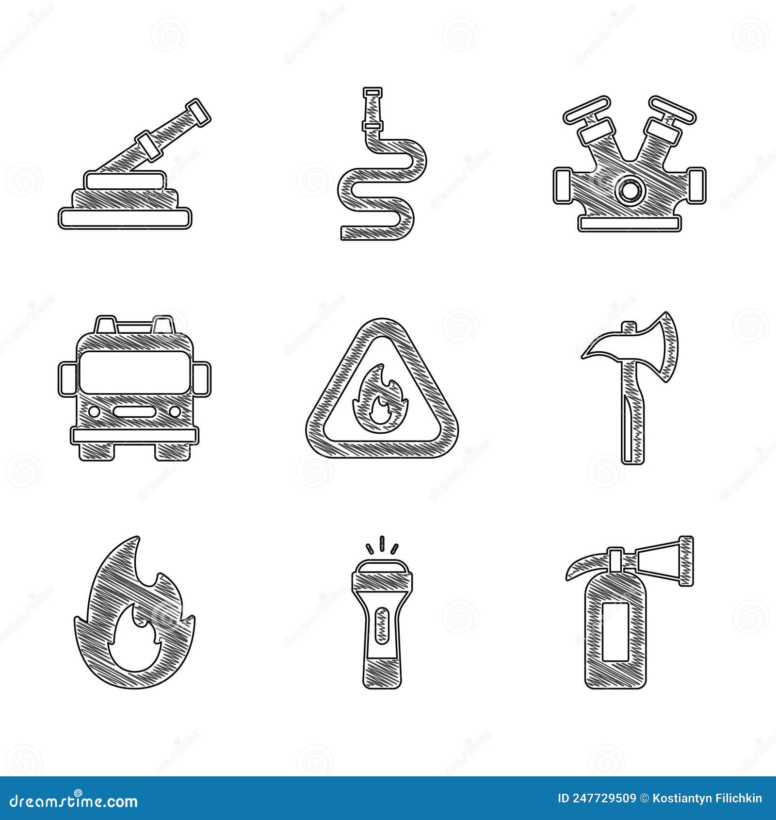 Set Fire Flame in Triangle, Flashlight, Extinguisher, Firefighter Axe ...