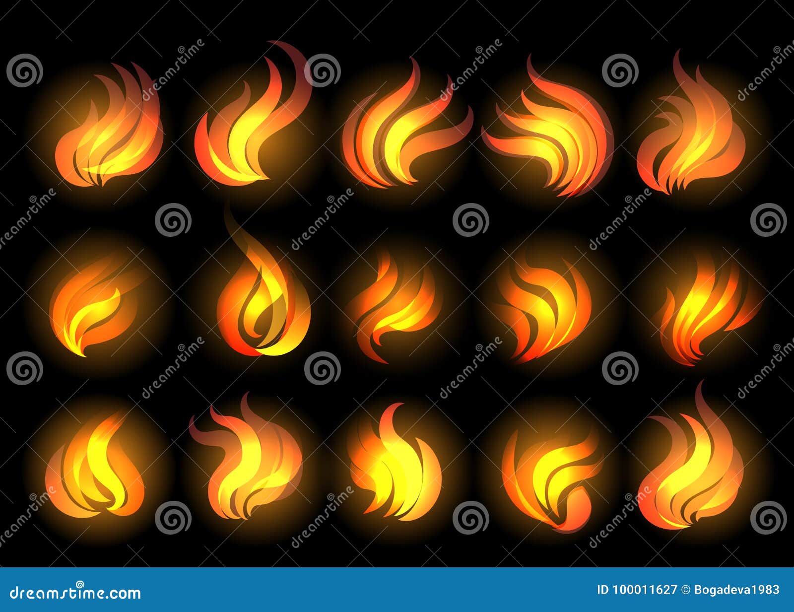 Fire Flames Set on Black Background Stock Vector - Illustration of ...