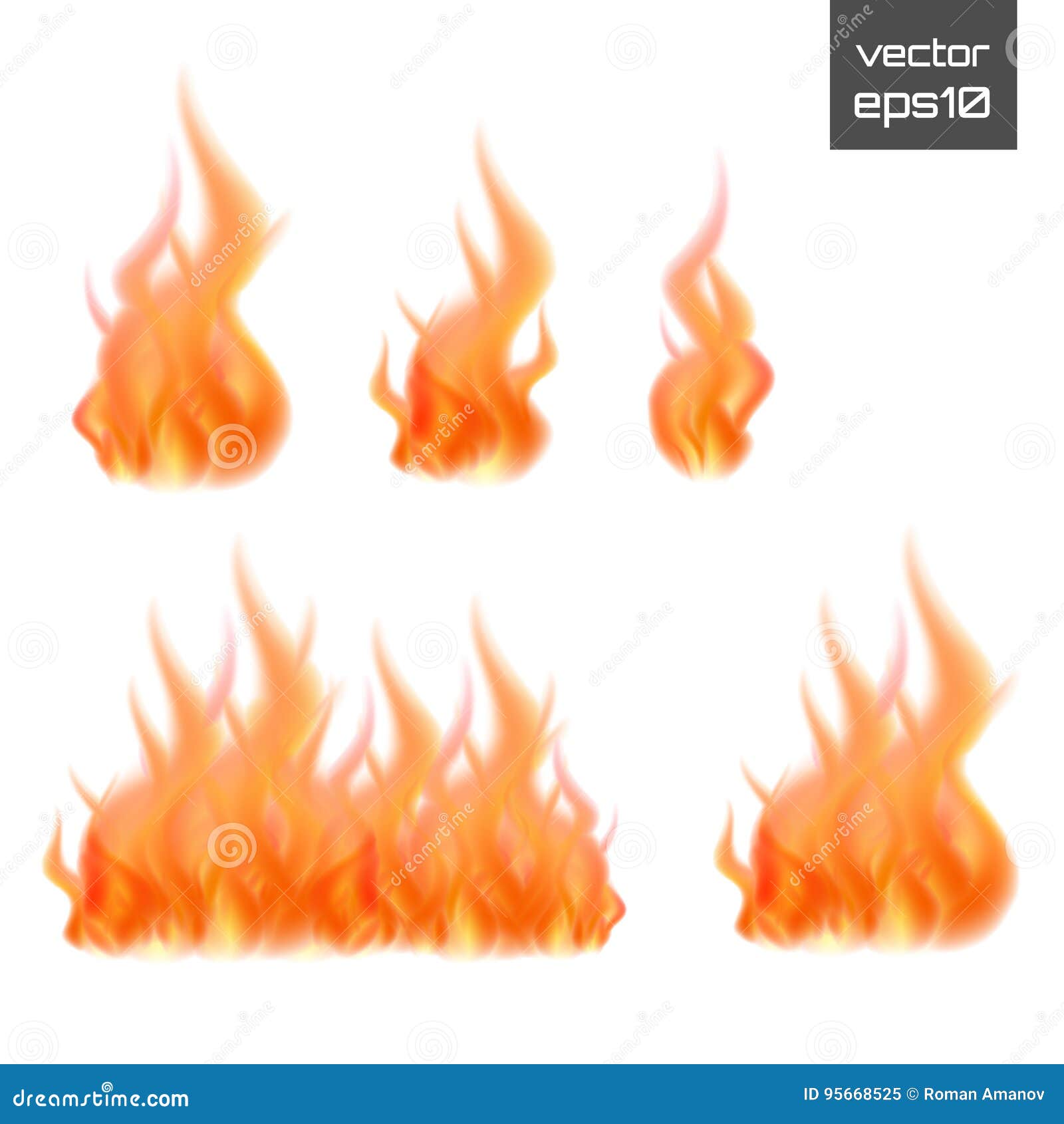 Set of Fire Flames Isolated on White Background. Vector Illustration ...