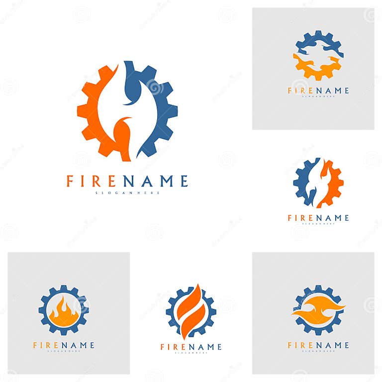 Set of Fire Gear Logo Designs Vector, Fire Industry Logo Template Stock ...