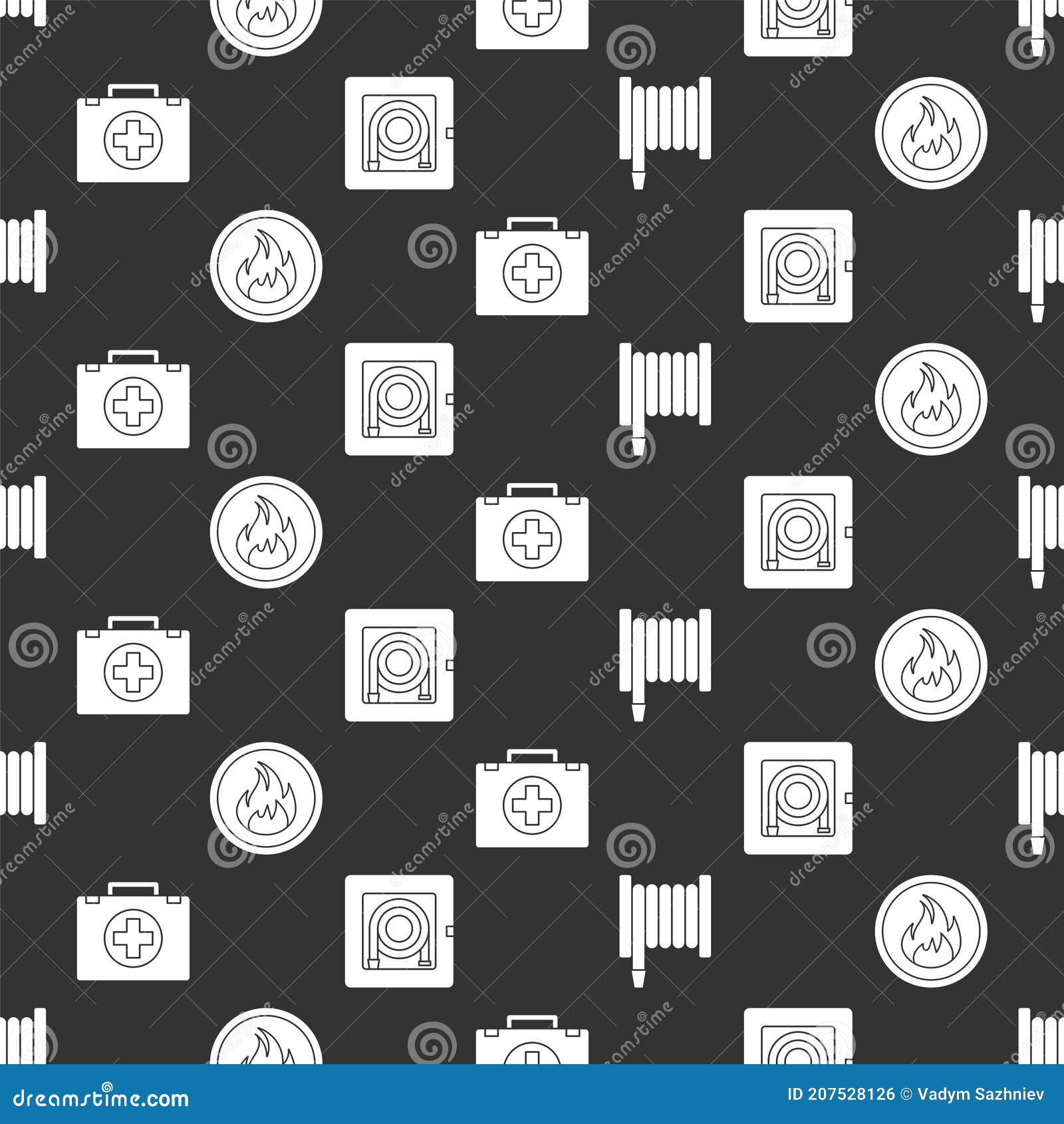 Set Fire Hose Reel, Fire Flame, First Aid Kit And Fire Hose Cabinet On ...