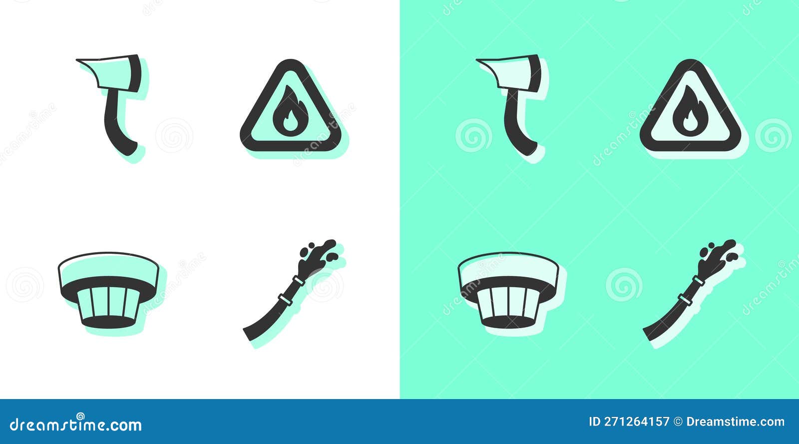Set Fire Hose Reel, Firefighter Axe, Smoke Alarm System and Flame in ...