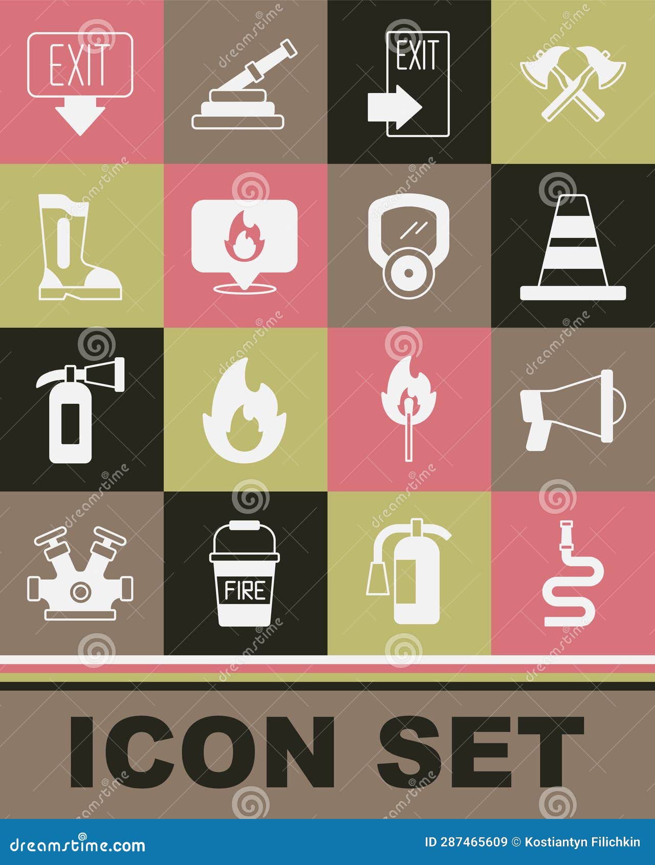 Set Fire Hose Reel, Megaphone, Traffic Cone, Exit, Location With Fire ...