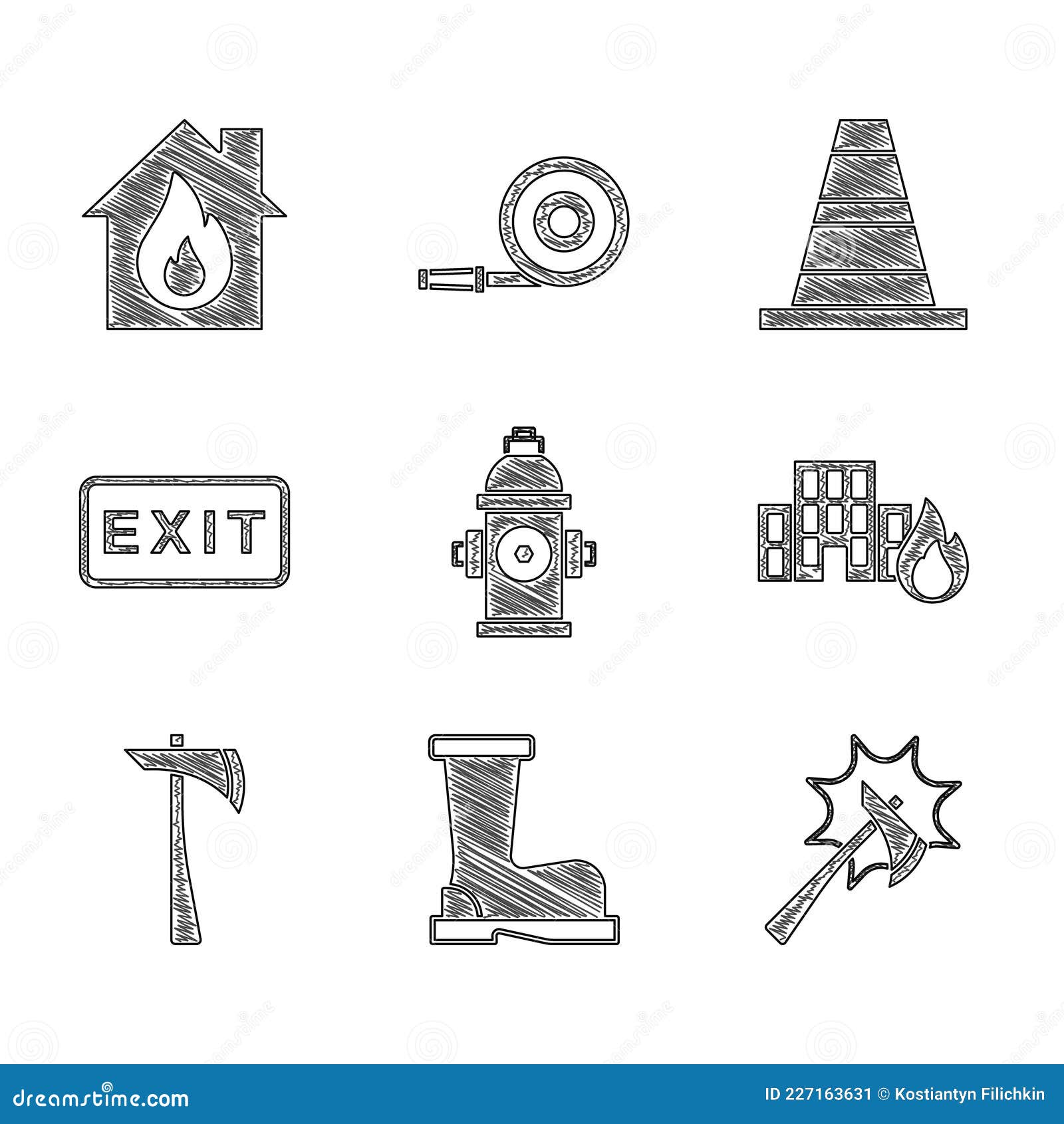 Set Fire Hydrant, Boots, Firefighter Axe, in Burning Buildings, Exit ...