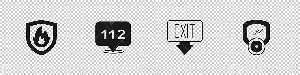 Set Fire Protection Shield, Emergency Call, Exit and Gas Mask Icon ...