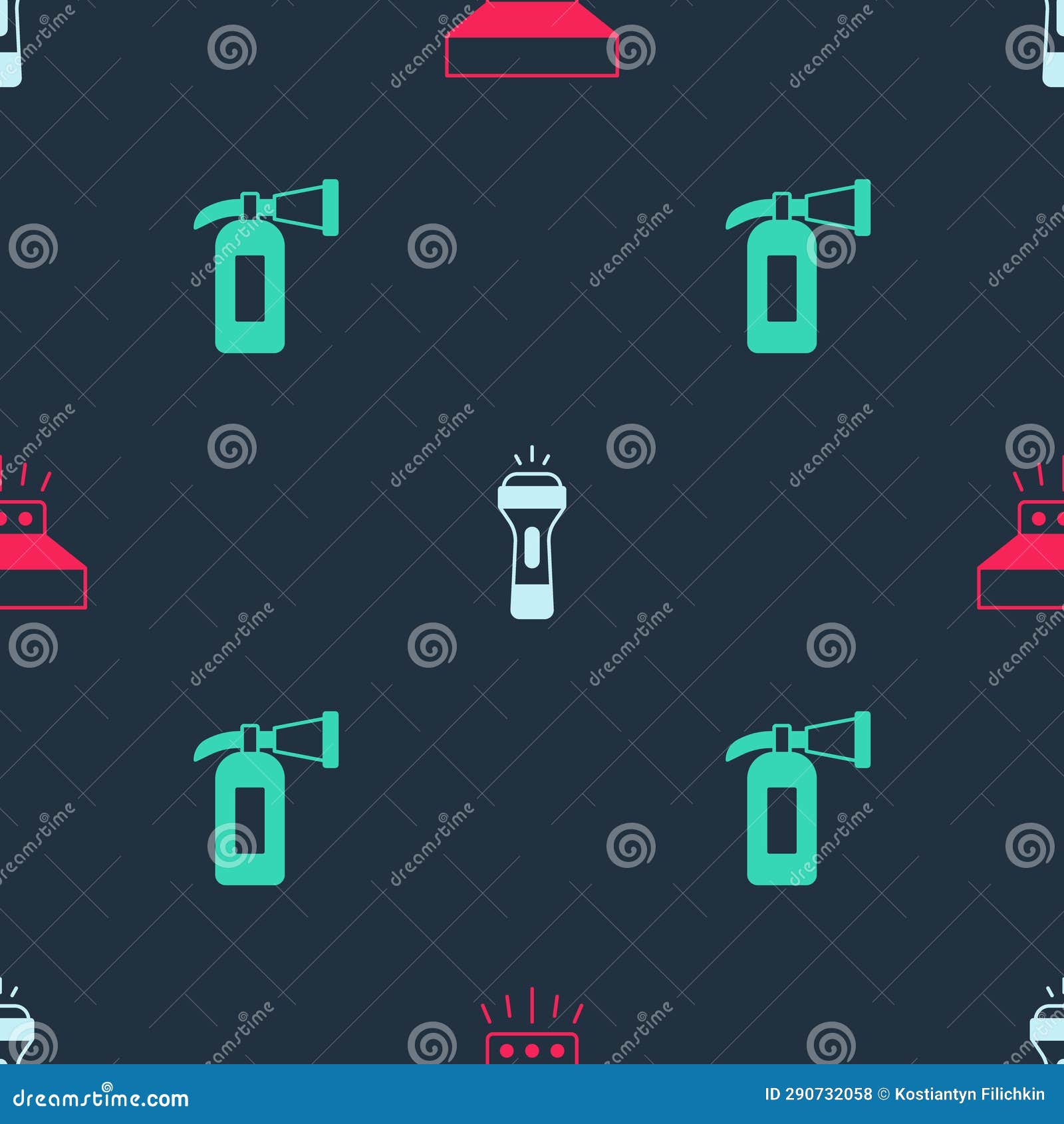 Set Fire Sprinkler System, Flashlight and Extinguisher on Seamless ...