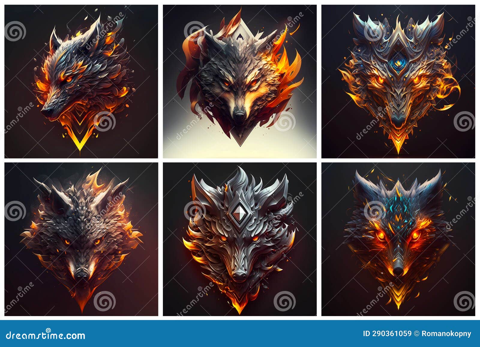 A Set of Fire Wolf Logos on a Dark Background Stock Illustration ...