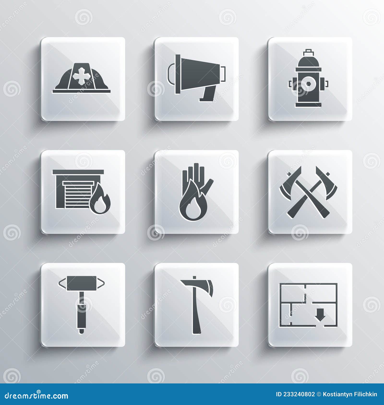 Set Firefighter Axe, Evacuation Plan, No Fire, in Burning Garage ...