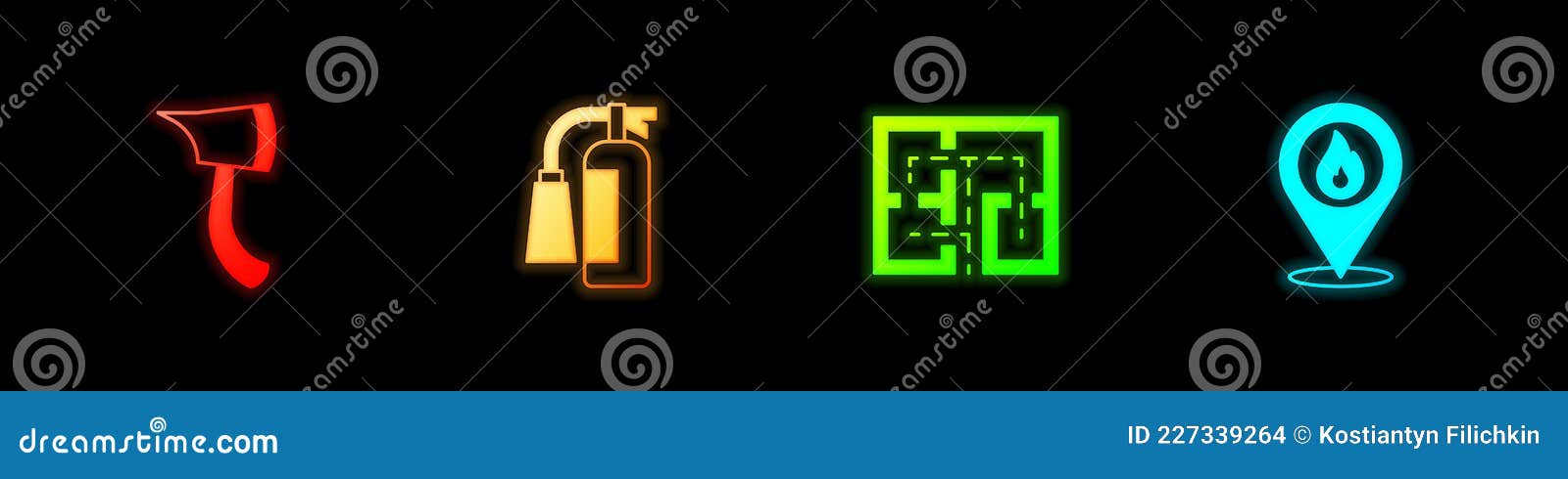 Set Firefighter Axe, Extinguisher, Evacuation Plan and Location with ...