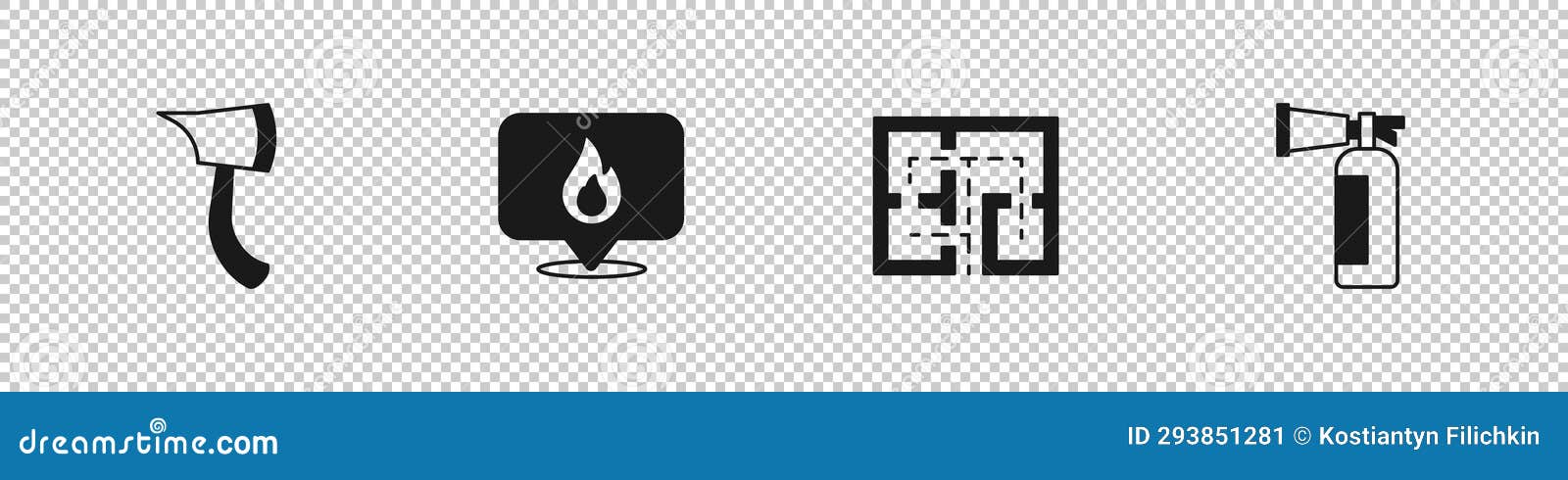 Set Firefighter Axe, Location with Fire Flame, Evacuation Plan and ...