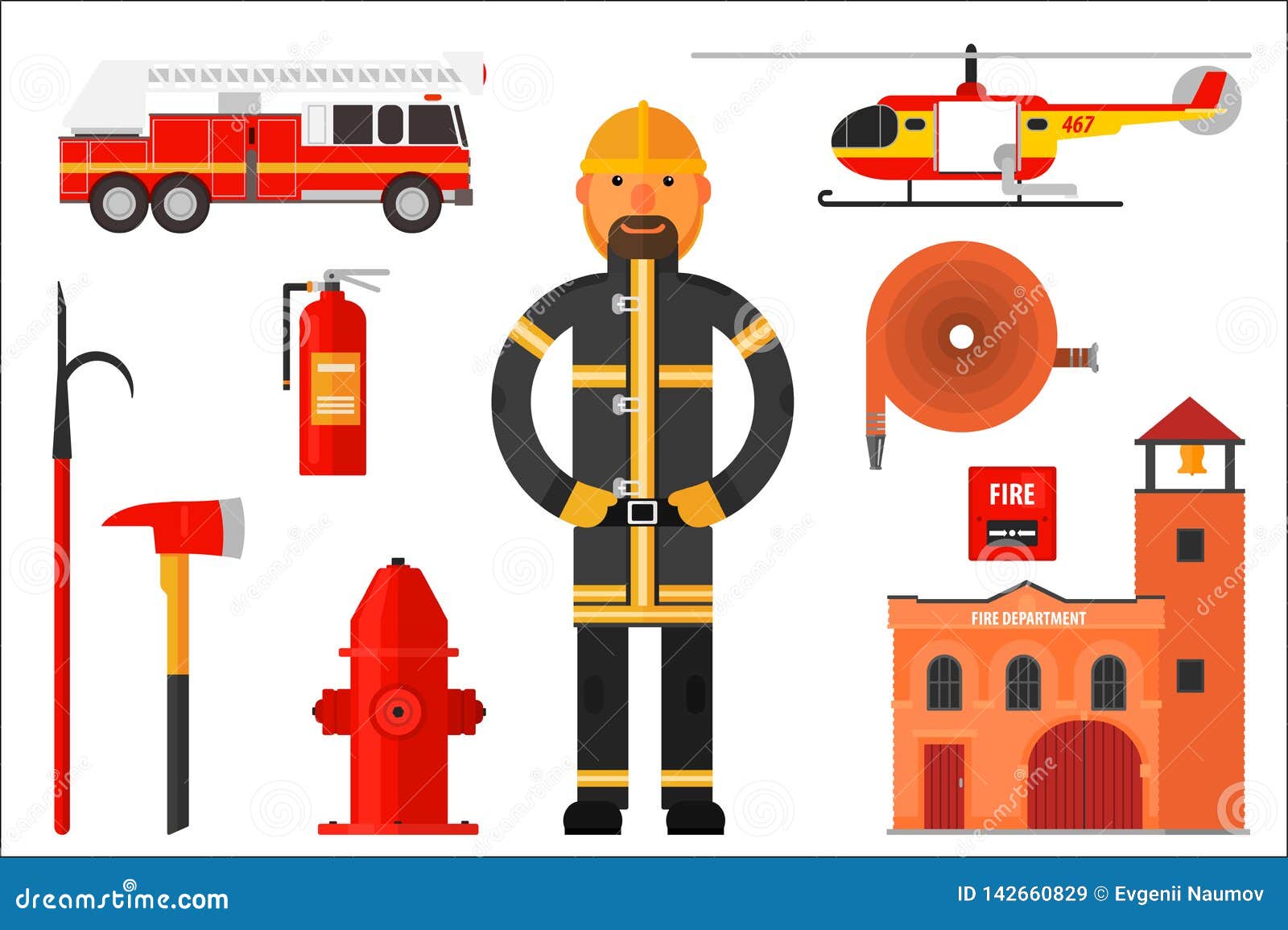 Set of Firefighter Elements. Fireman in Uniform, Helicopter, Fire ...